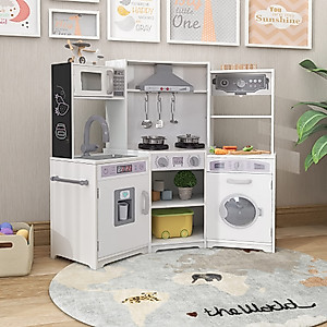 TaoHFE Corner Play Kitchen with Lights&Sounds White Kitchen for Kids Toddler Kitchen Set with Washer Chalkboard Wooden Kitchen Kids Playset with Washing Machine Range Hood Girls boys Gift for Ages 3+