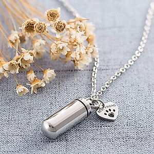 TTVOVO Pet Cremation Urn Necklace for Ashes Memorial Keepsake Ashes Holder Urn Locket Best Friend Dog Paw Urn Cylinder Necklace with Angel Wing Charm Pendant Necklace for Men Women Remembrance Jewelry