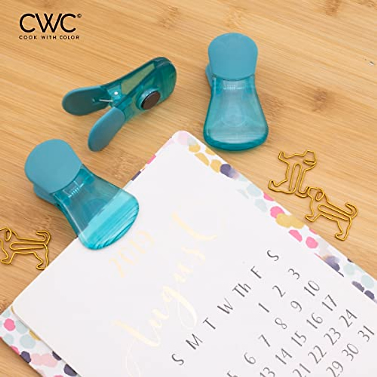 COOK WITH COLOR Set of 5 Magnetic Sealing Food Clips- Plastic Clips for Food and Kitchen Storage, Chip and Snack Bag Clips, Fun Fridge Clips - Teal