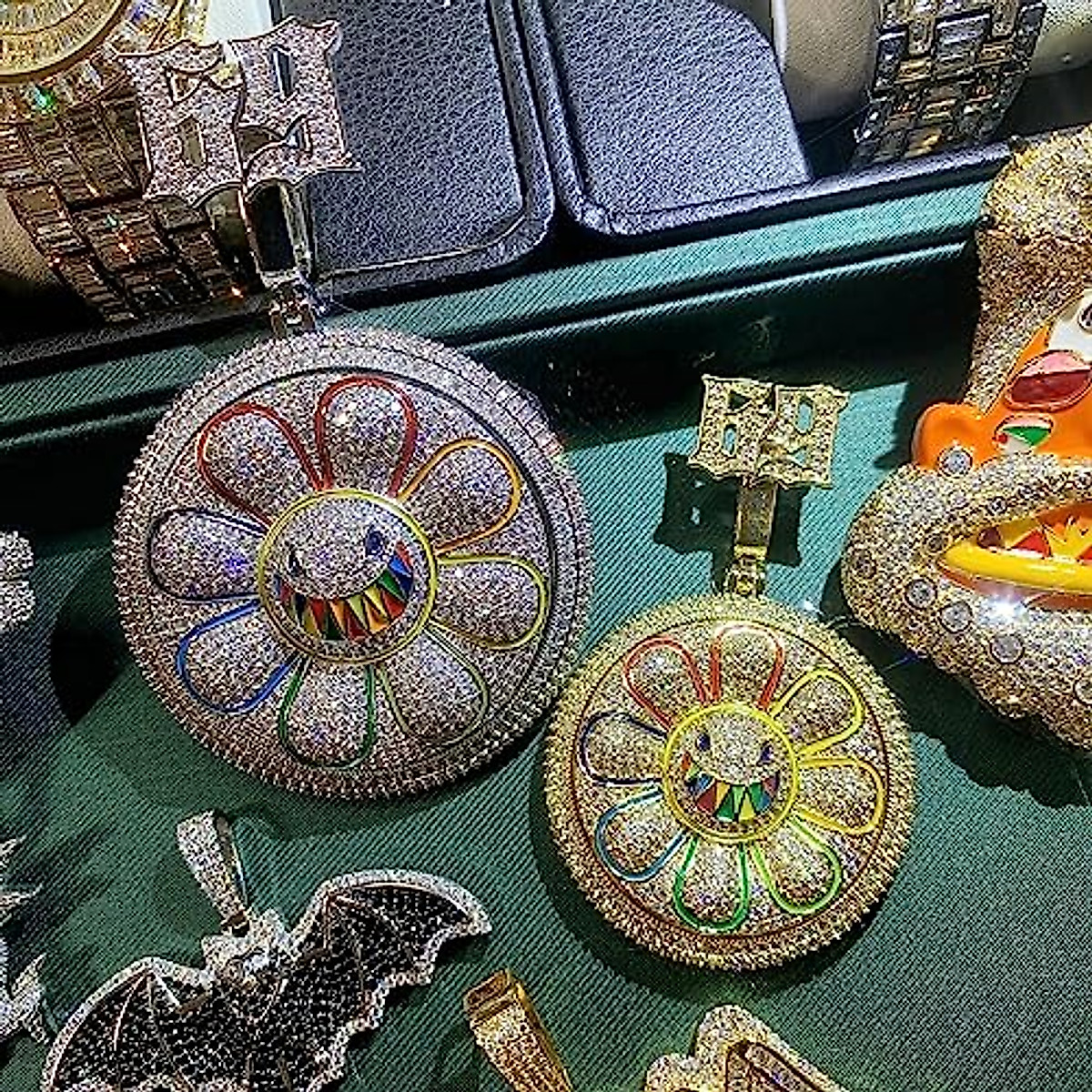 ICEDIAMOND 14K Full CZ Diamond Spin-Up Daisy Painted Rotating Pendant Crazy Chain Necklace, Gold Plated Iced Out Bling Zirconia Hip Hop Charm Jewelry for Men Women (White-Large)