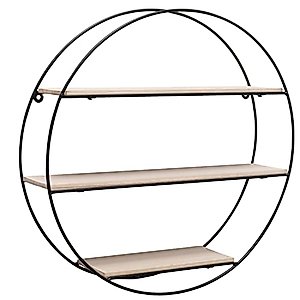 WHW Whole House Worlds Industrial Chic Round Metal Wall Shelf, 3 Levels, Inset Wood, Lacquered Black Iron, 16.5 Inch Diameter
