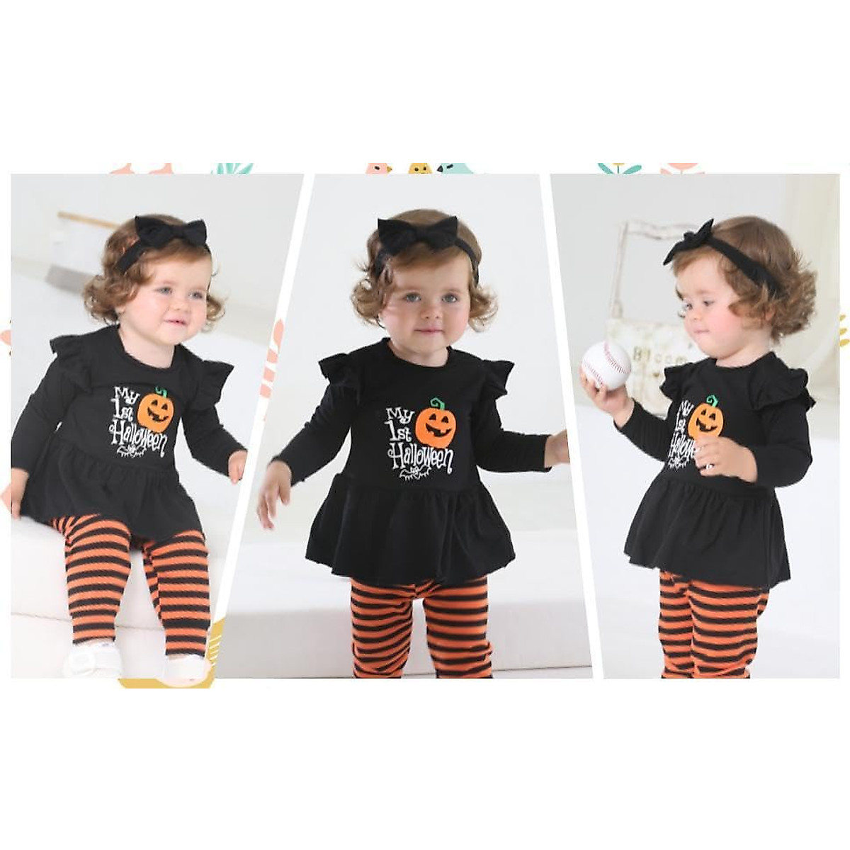 Noubeau My 1st Halloween Baby Girl Outfits Ruffle Pumpkin Print Tunic Drees Shirt Stripe Pants Legging Fall Winter Clothes（Black- A,6-12 Months）