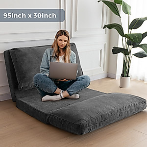 MAXYOYO Bean Bag Bed Folding Sofa Bed Floor Mattress for Adults, Extra Thick and Long Floor Sofa with Corded Washable Cover, Dark Grey, 30x95 Inch