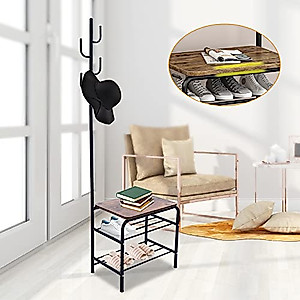 AKaSping Bamboo Shoe Rack Shoes Bench 3 in 1 Hall Multifunctional Shoes Bench with Coat Rack Seat Shoe Rack Organizer 2 Tiers Shoe Storage Shelf for Home Bedroom Hallway Entryway