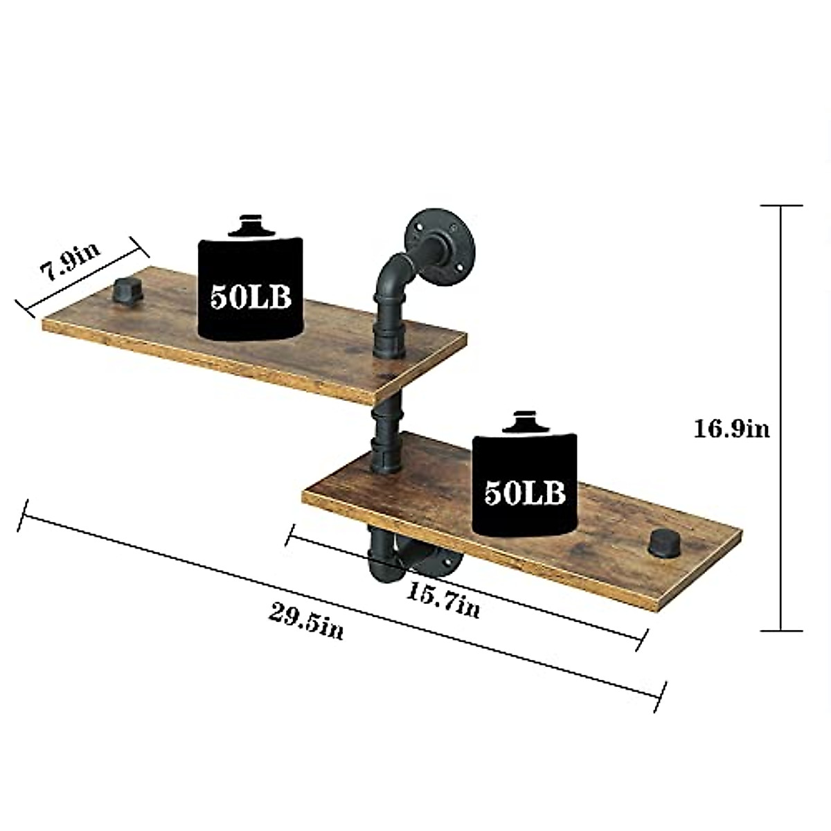 MAIKAILUN 2 Tier Industrial Shelves, Industrial Pipe Shelving, Pipe Corner Shelves with Wood Planks, Floating Shelves Wall Mounted, Retro Rustic Industrial Shelf for Bar Kitchen Living Room