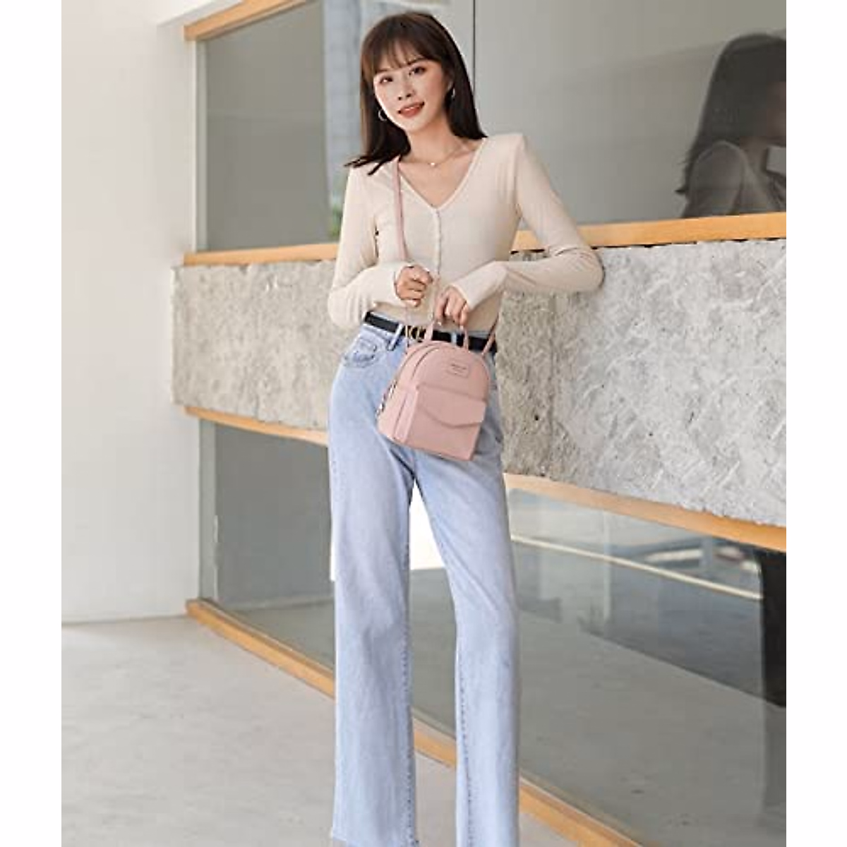 Multi-Function Women Fashion Mini Backpack Soft Leather Casual Travel Small Shoulder Bag (Pink)