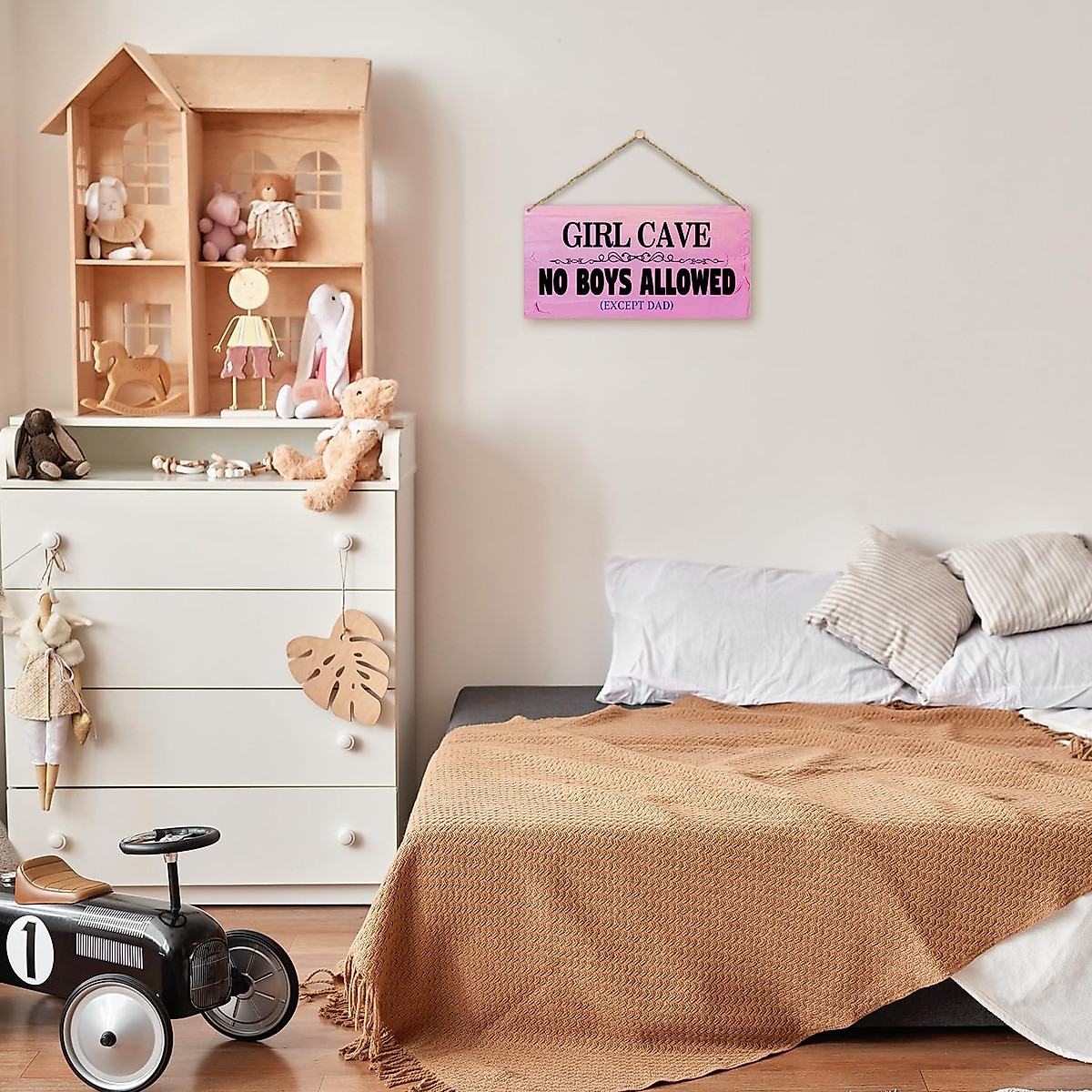 Pink Bedroom Décor Wood Plaque Sign Wall Hanging, Girl Cave No Boys Allowed Except Dad, Decor Door Wooden Hanging Sign (1pc), Art Gift for Farmhouse Bathroom Bedroom Playroom -01