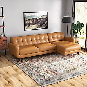 ASHCROFT Elva Mid Century L-Shaped Genuine Leather Right Facing Chaise Sectional, Light Brown Tufted Tight Back Sectional Sofa for Living Room Waiting Area Office Apartment Dorm Home, Tan