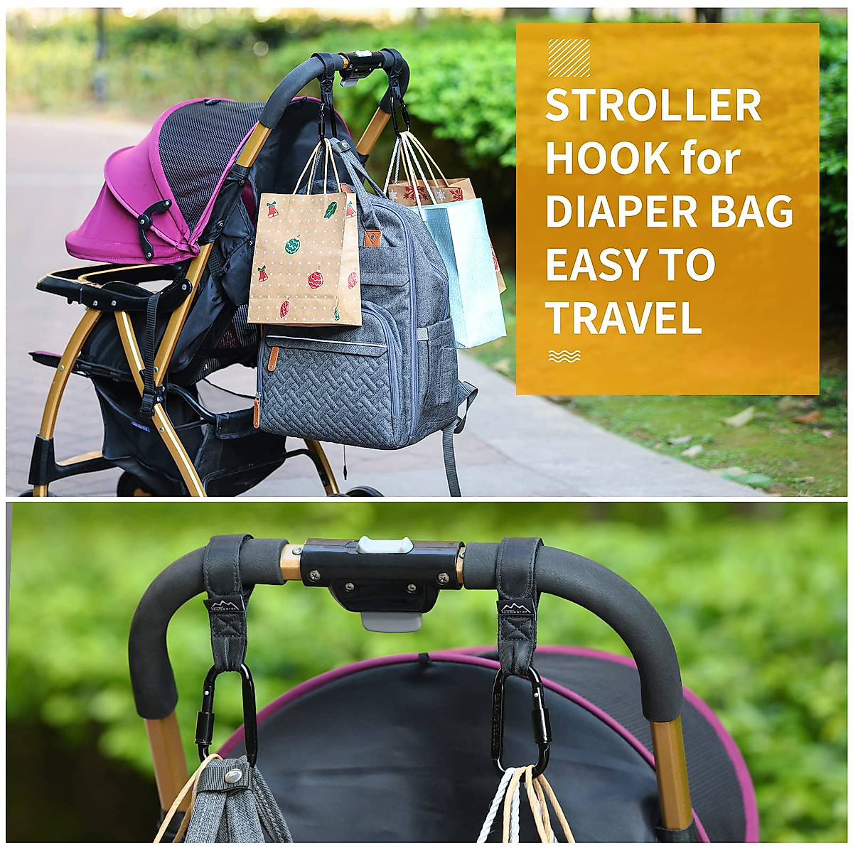 MoBearer Stroller Hooks for Hanging Bags and Shopping-Multipurpose Strolller Straps-Mom Hooks-Stroller Clips for Bags, 2 Pack Black Baby Stroller Hooks