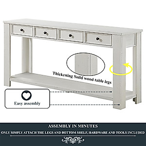 KLIECH 63" Pine Wood Console, Sofa 4 Drawers and 1 Bottom Shelf,Narrow Long Table for Living Room Entryway Hallway Bedroom,Antique White
