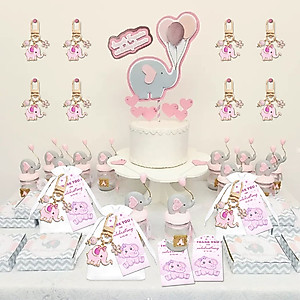BUYWUMORE 12 Sets Baby Shower Pink Elephant Keychains It's a Girl Return Favor for Guests with Flower Sweets White Organza Bags and Thank You Tags Elephant Theme Party for Kids Party Supplies (Girl)