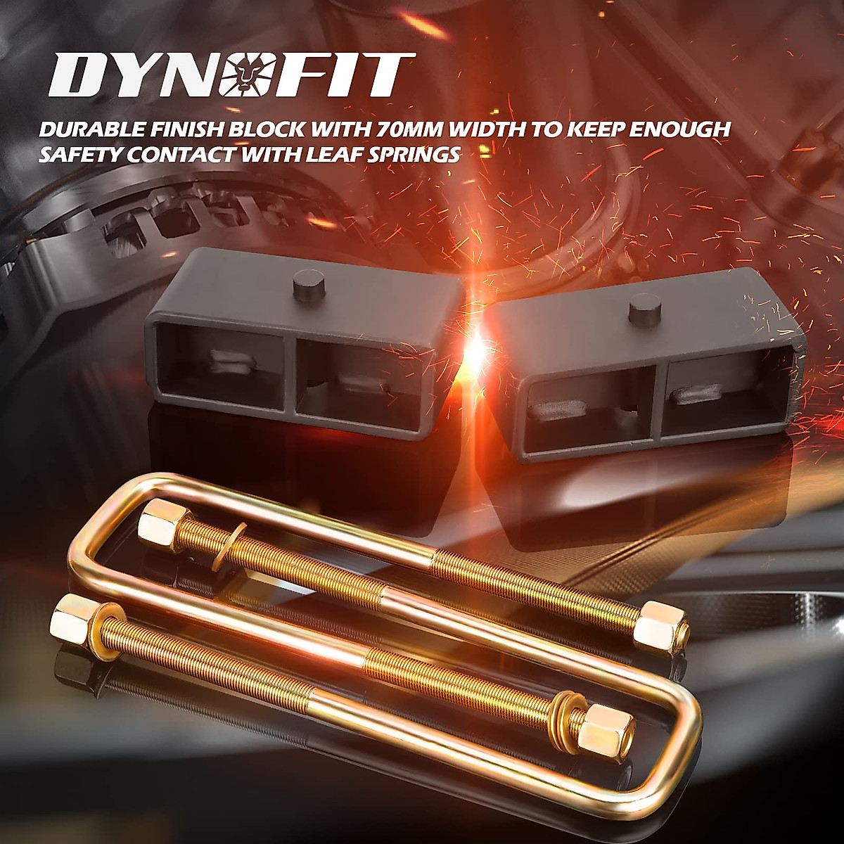 dynofit 2 inch Rear Lift Blocks for Silverado 1500 Sierra 1500, 2" Rear Leveling Block Kit Compatible with 2007-2021 Chevy Silverado 1500, GMC Sierra 1500, Lift Block and Square Leaf Spring Ubolt Kit