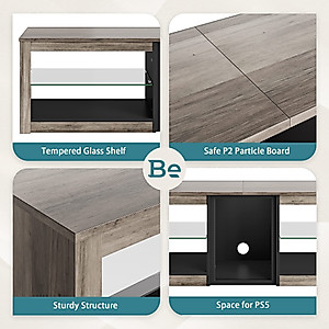 Bestier TV Stand for 70 inch TV, Gaming Entertainment Center for PS5, LED TV Cabinet with Glass Shelves for Living Room, 63'' Inch, Grey Wash