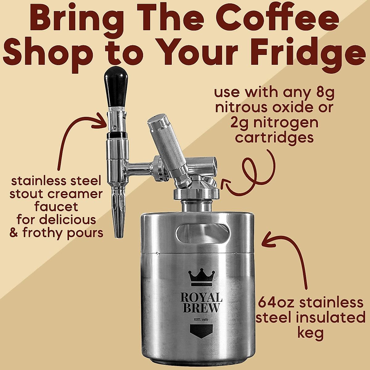 The Original Royal Brew Nitro Cold Brew Coffee Maker - Gift for Coffee Lovers - 64 oz Home Keg, Nitrogen Gas System Coffee Dispenser Kit