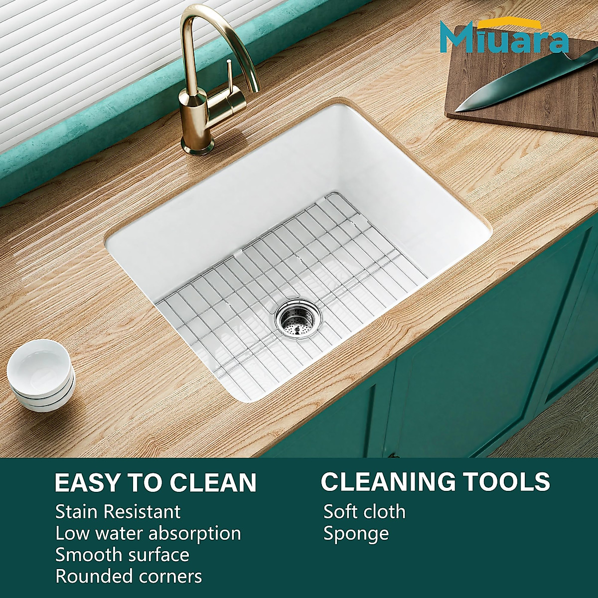 Miuara White Undermount Kitchen Sink 24 Inch - Small Topmount Wet Bar Sink Drop In 24"x19"x11", Dual Mount, Single Bowl, Fireclay Solid, with 2 Custom Accessories, White, for Kitchen & Laundry