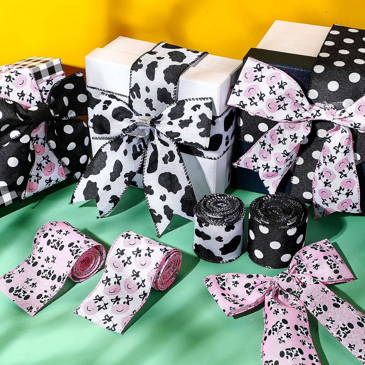 4 Rolls Cow Print Burlap Ribbons Wired Edge Black and White Striped Dot Wrapping Ribbons Pink Strawberry Cow Ribbons for DIY Crafts, Gift Decoration, Home Decor, Party Favor - 2.5 Inch by 24 Yard