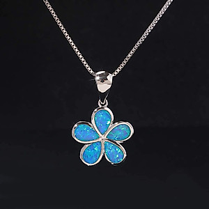 CiNily Flower Pendant Necklace for Women Blue Opal Sterling Silver Plated Hawaiian Plumeria Flower Jewelry Gift