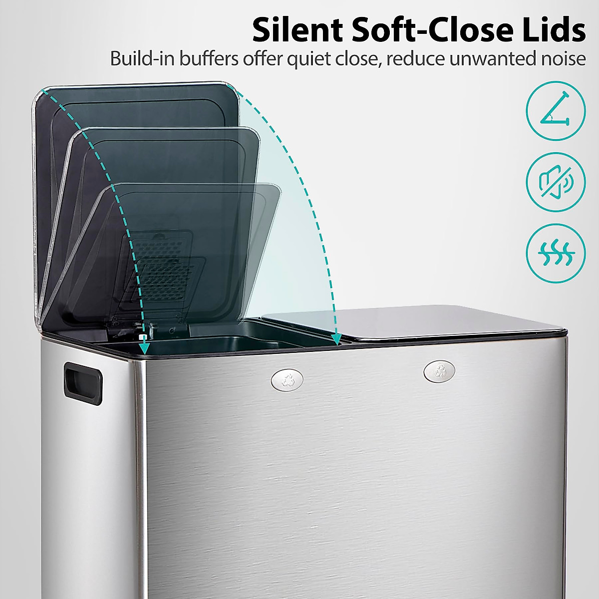 F2C 16 Gallon(60L) Dual Trash Can,Stainless Steel Step-on Kitchen Garbage Can with Lids, Foot Pedals and Inner Buckets,Rectangular Dual Compartment Recycling Bins for Kitchen Office Home Use,Silver