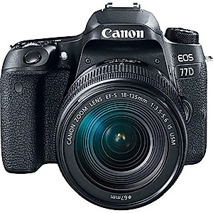 Canon EOS 77D DSLR Camera with 18-135mm USM Lens (1892C002) + 64GB Memory Card + Case + Card Reader + Flex Tripod + Hand Strap + Cap Keeper + Memory Wallet + Cleaning Kit (Renewed)