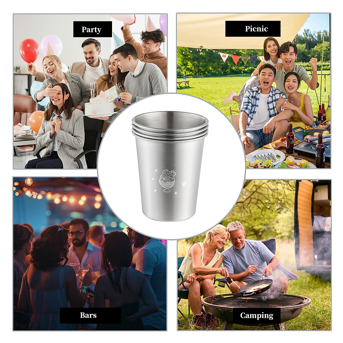 MONGSEW 4PCS Stainless Steel Kids Cups, 8 oz Unbreakable Stainless Steel Cups for Kids and Toddlers, Great for family meals, parties, camping trips and picnics, Dishwasher Safe (Gift box Included)