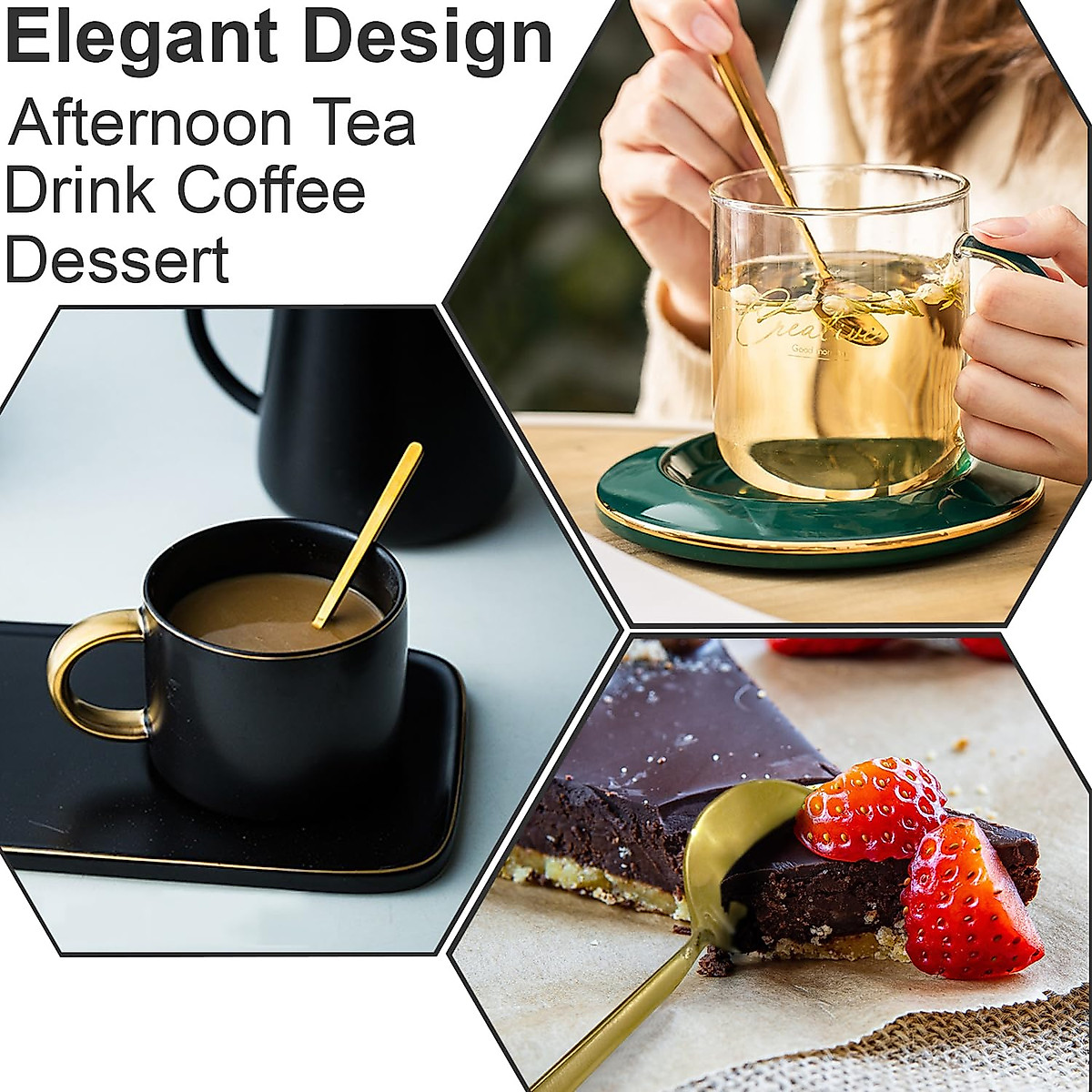 Monovatives Espresso Gold Plated Small Coffee Spoons with Long Handle for Stirring, Stainless Steel Long Handle coffee Spoon Pack of 8 for Tea Coffee Dessert Cake Ice Cream Soup Cappuccino, 5.3 inch