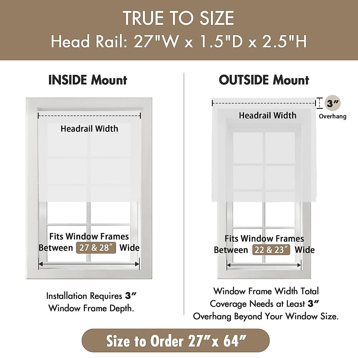 Madison Park Galen Cordless Roman Shades - Fabric Privacy Single Panel Darkening, Energy Efficient, Thermal Insulated Window Blind Treatment, for Bedroom, Living Room Decor, 27" x 64", White