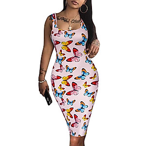 LAGSHIAN Women's Sexy Bodycon Tank Dress Sleeveless Basic Midi Club Dresses Butterfly