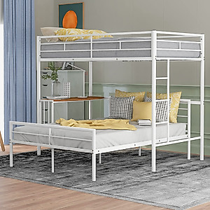 BIADNBZ Twin Over Full Metal Bunk Bed with Desk, Steel L Shaped Bedframe w/Ladder and Quality Slats for Kids, Adults, No Box Spring Needed, Metallic White