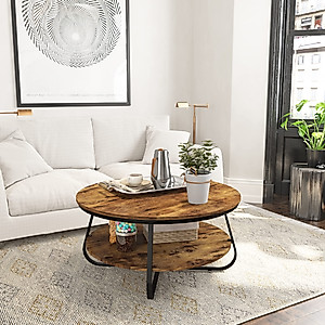 Elephance Round Coffee Table with Storage, 35.8 Inch Industrial Wood Coffee Table with Metal Frame for Living Room (Rustic Brown)