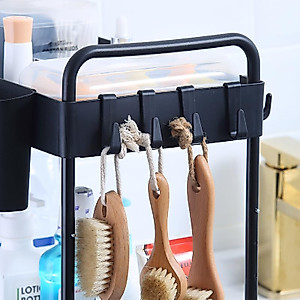 Botion 2 Pack Double-Layer Under Sink Organizer for Efficiently Utilizing Space, High Capacity and Space Saving, 2 Tier Sliding Under Sink Shelf with 4 Hooks and a Cup Slot(Black)