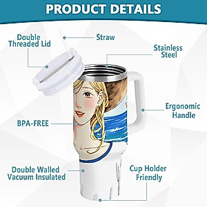 Nexawaveo Blonde Girl by Sea Tumbler With Handle And Straw 30-40oz Insulated Tumbler Cups With Lid Stainless Steel for Cold Water and Drinks for School Work Sports Car Travel and Weekends