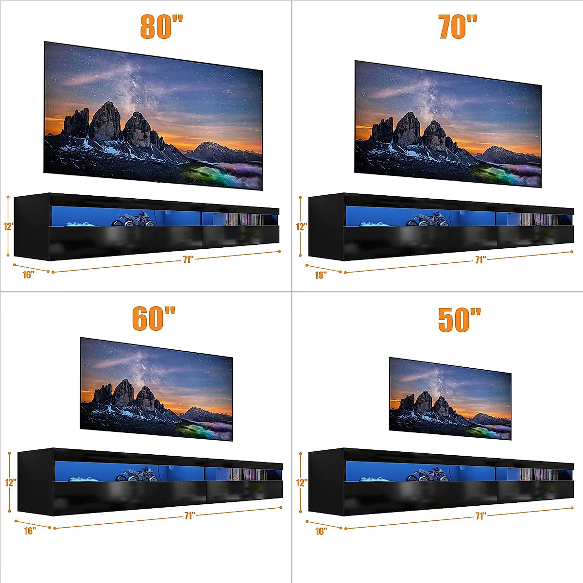 EXQUAL Modern Floating TV Stand, Black, 70.8''L x 16.3''W x 11.8''H, Wall Mounted TV Shelf with LED Lights & Power Outlet, 110 lbs Weight Capacity, for Living Room & Bedroom