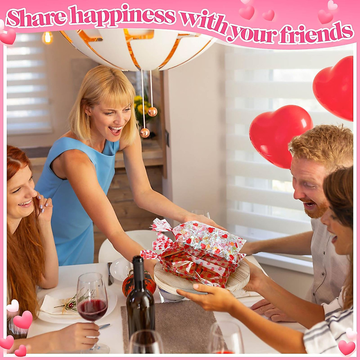 Biubee 160 Pieces Valentine Cellophane Bags- 4 Assorted Styles Valentines Favor Treat Gift Goodie Cello Bags Clear with 160pcs Twist Ties for Valentines Party Supplies Candy Cookies