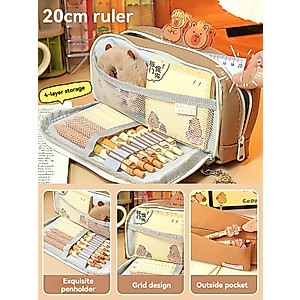 forzma Open Wide 4 Compartment Pencil Case Pen Pouch Canvas Capybara with Pen Slots Grids Bonus Pin Brown/Black (Milk Coffee)