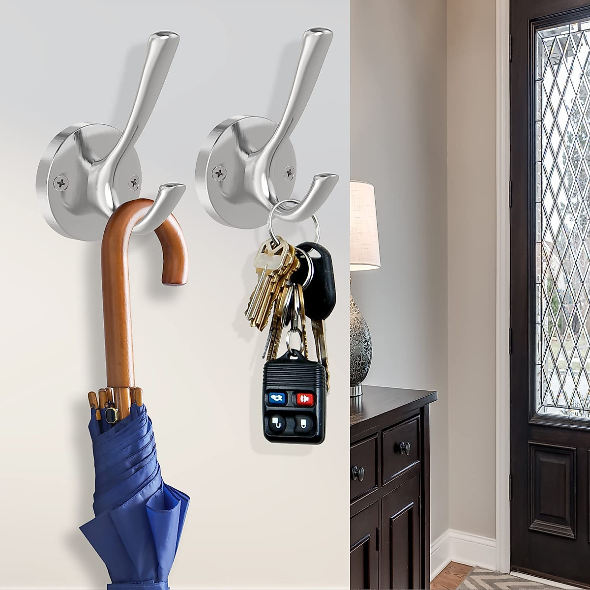 TOFIIGREM Brushed Nickel Wall Hooks Towel Hooks, 2 Pack Coat Robe Hook Heavy Duty Bathroom Double Hook Wall Mounted, Hand Towel Hooks for Closet Entryway Cubicle Kitchen