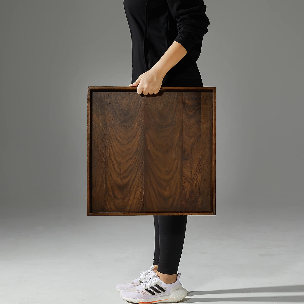 KINGCRAFT 19 x 19 Inches Black Walnut Large Ottoman Tray Wooden Table Tray Square Solid Serving Tray with Handles Platter Decorative Tray for Oversized Ottoman Home Breakfast in Bed Tea Coffee