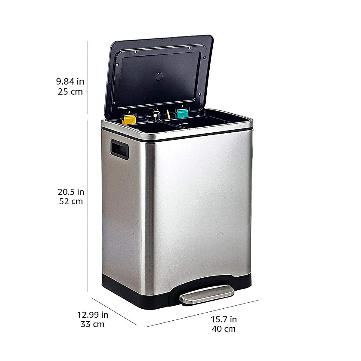 Amazon Basics 30L Dual Bin Soft-Close Trash can with Foot Pedal - 2 x 15 Liter Bins, Stainless Steel