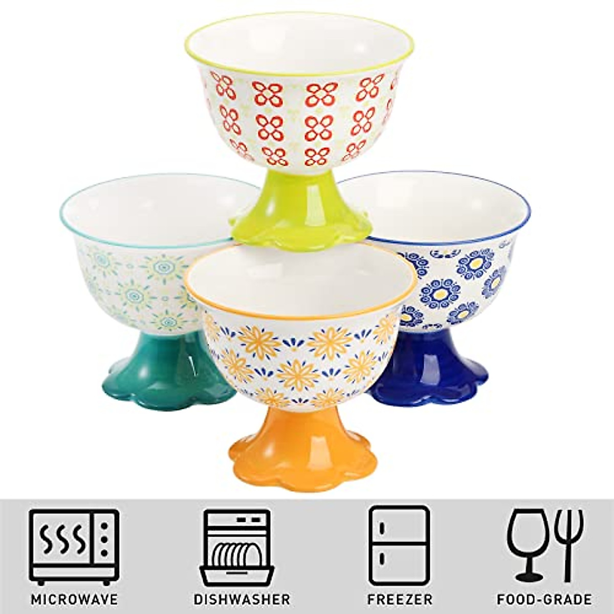 Lawei 4 Pack Ceramic Dessert Bowl Cups, 10 Oz Vintage Tulip Sundae Cups, Reusable Footed Dessert Bowls for Sundaes, Milkshakes, Parfaits, Ice Cream, Fruit, Snack, Cocktail, Party