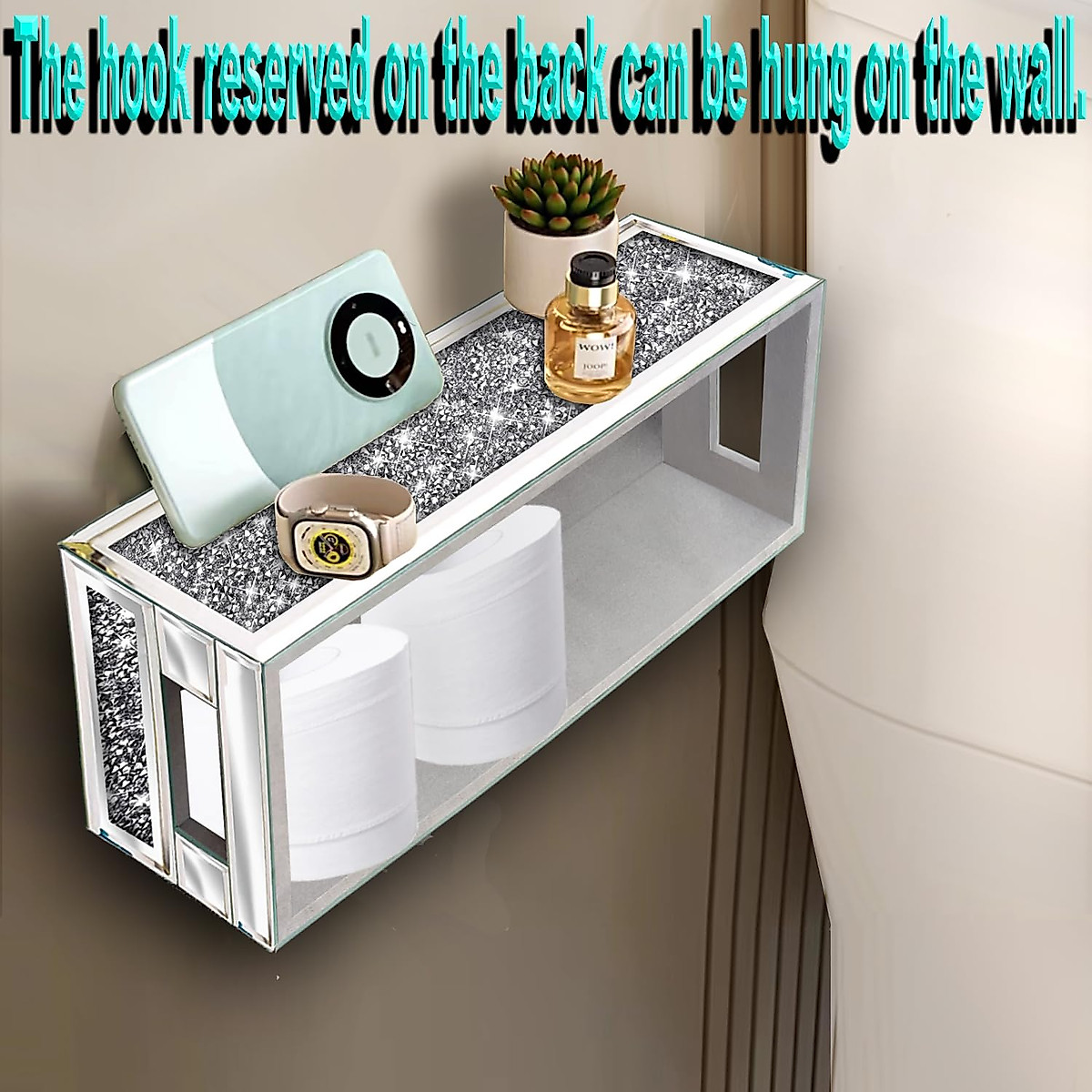 Wocred Bathroom Basket Toilet Tank,Crushed Diamond Mirrored Bathroom Tray Wall-Mounted,Silver Storage Organizer fits Dresser Bedroom,Bathroom,Coffee Table.(15”x7”x3.8”)