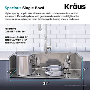 KRAUS KWT310-33/18 Kore Workstation 33-inch Drop-In 18 Gauge Single Bowl Stainless Steel Kitchen Sink with Integrated Ledge and Accessories