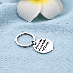 BEKECH Dragons Game Inspired Gift Role Playing Funny Jesus Saves All Others Take Half Damage Keychain DM Dragon D20 Dice Gift RPG Gamer Gift (silver)