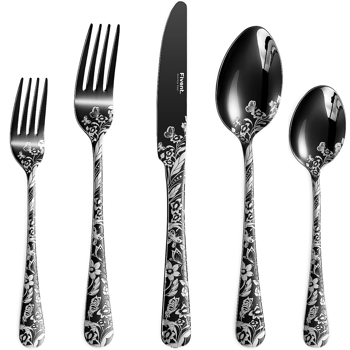 Fivent Halloween Black Cutlery Set - 20 pcs - Includes 8 x Spoons, 8 x Forks, 4 x Knife - Stainless Steel, Dishwasher Safe, Mirror Polished Tableware - Durable Flatware - Home Kitchen…