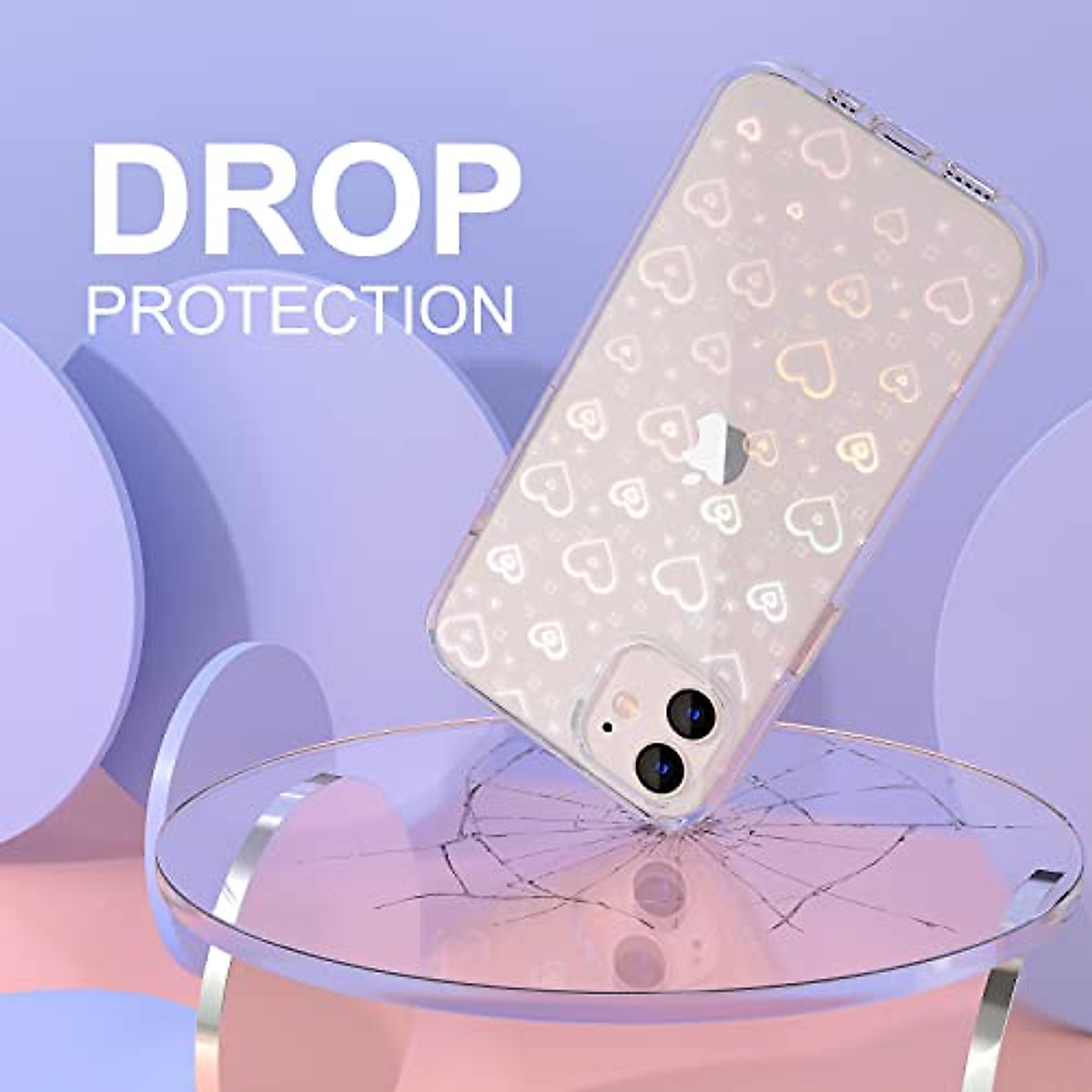 Tksafy Case for iPhone 12, iPhone 12 Pro Case, Clear Glitter Cute Laser Holographic Love Heart Pattern for Women Girls, Anti-Scratch Hard PC Protective Phone Cover for iPhone 12/12 Pro, Rainbow Heart