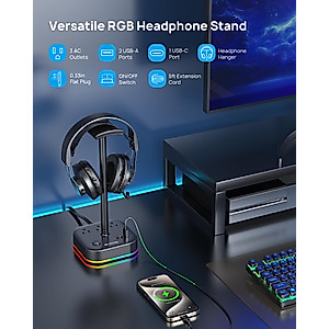 TROND Headphone Stand with USB C, Desk Gaming Headset Holder with 3 AC Outlets, 2 USB A and 1 USB C, Headset Stand with 5 RGB Light Modes, for Gaming Desk Accessories Gamer Boyfriend Gifts