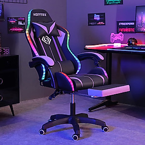 Gaming Chair with Bluetooth Speakers and LED RGB Lights Ergonomic Massage Computer Gaming Chair with Footrest High Back Music Video Game Chair with Lumbar Support Purple and Black