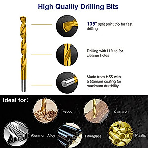 Metric 99 Pieces Titanium Twist Drill Bit Set, 135° Tip High Speed Steel, Size from 1.5mm up to 10mm, Ideal Drilling in Wood/Cast Iron/Aluminum Alloy/Plastic/Fiberglass, with Hard Storage