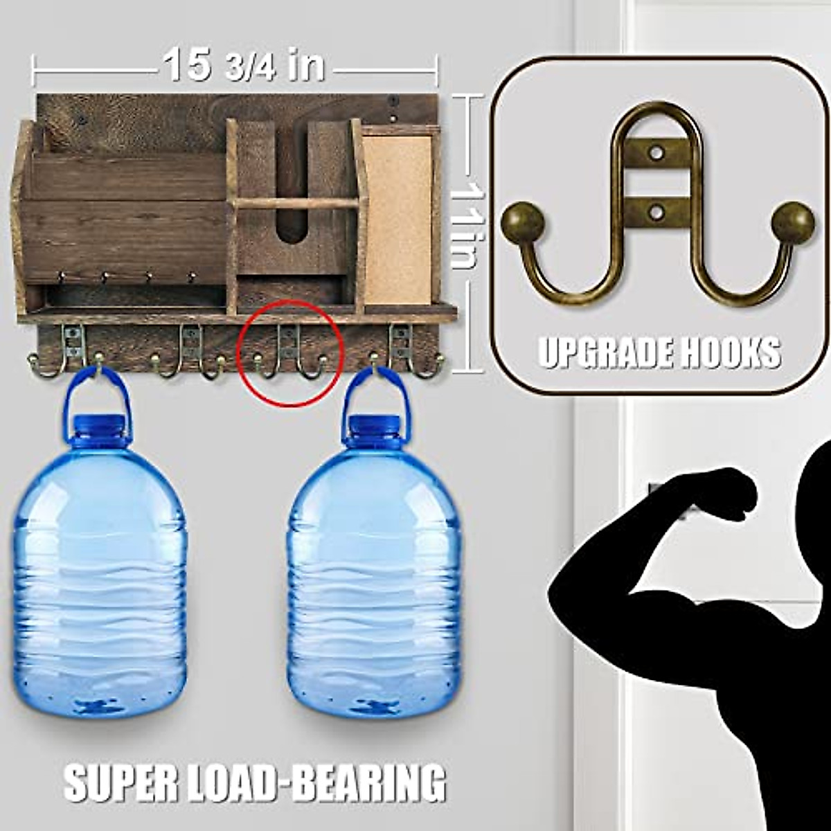 Wooden Key Holder for Wall, Mail Organizer Wall Mount with 4 Key Hooks, Wall Mounted Hanging Keys Rack with Sunglasses Storage, Rustic Home Decor for Entryway