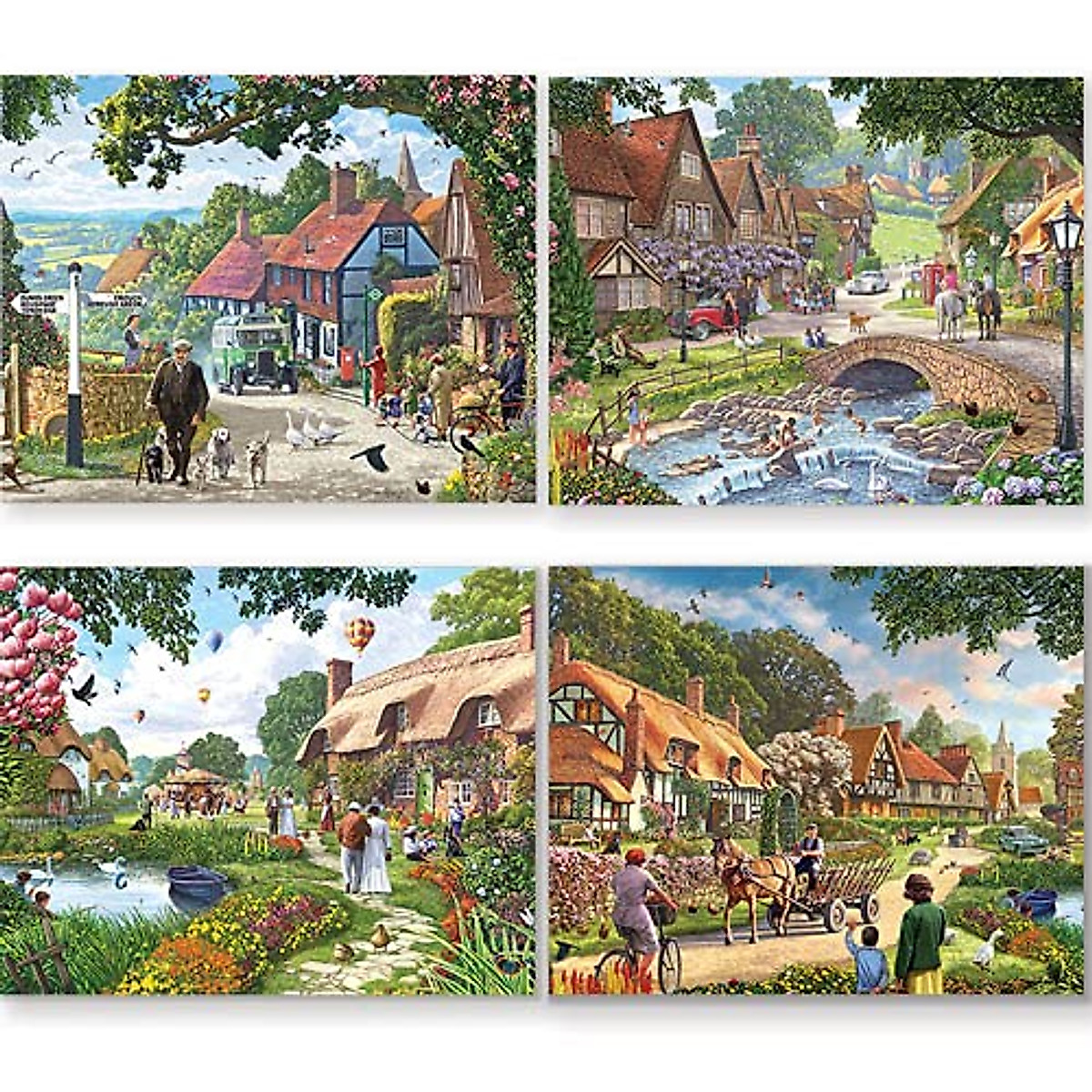 Bits and Pieces – 4-in-1 Multi-Pack 500 Piece Jigsaw Puzzles for Adults – Village Life by Artist Steve Crisp, Completed Puzzle Size: 16" x 20"