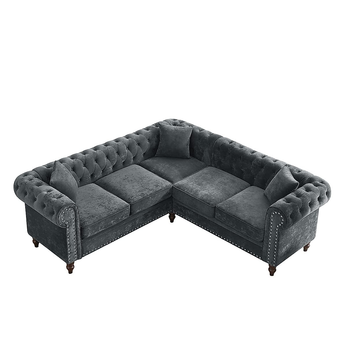 LKTART 80" Luxury Classic Chesterfield L-Shaped Sofa Button Tufted Roll Arm Solid Wood Legs 3 Pillows Included for Living Room