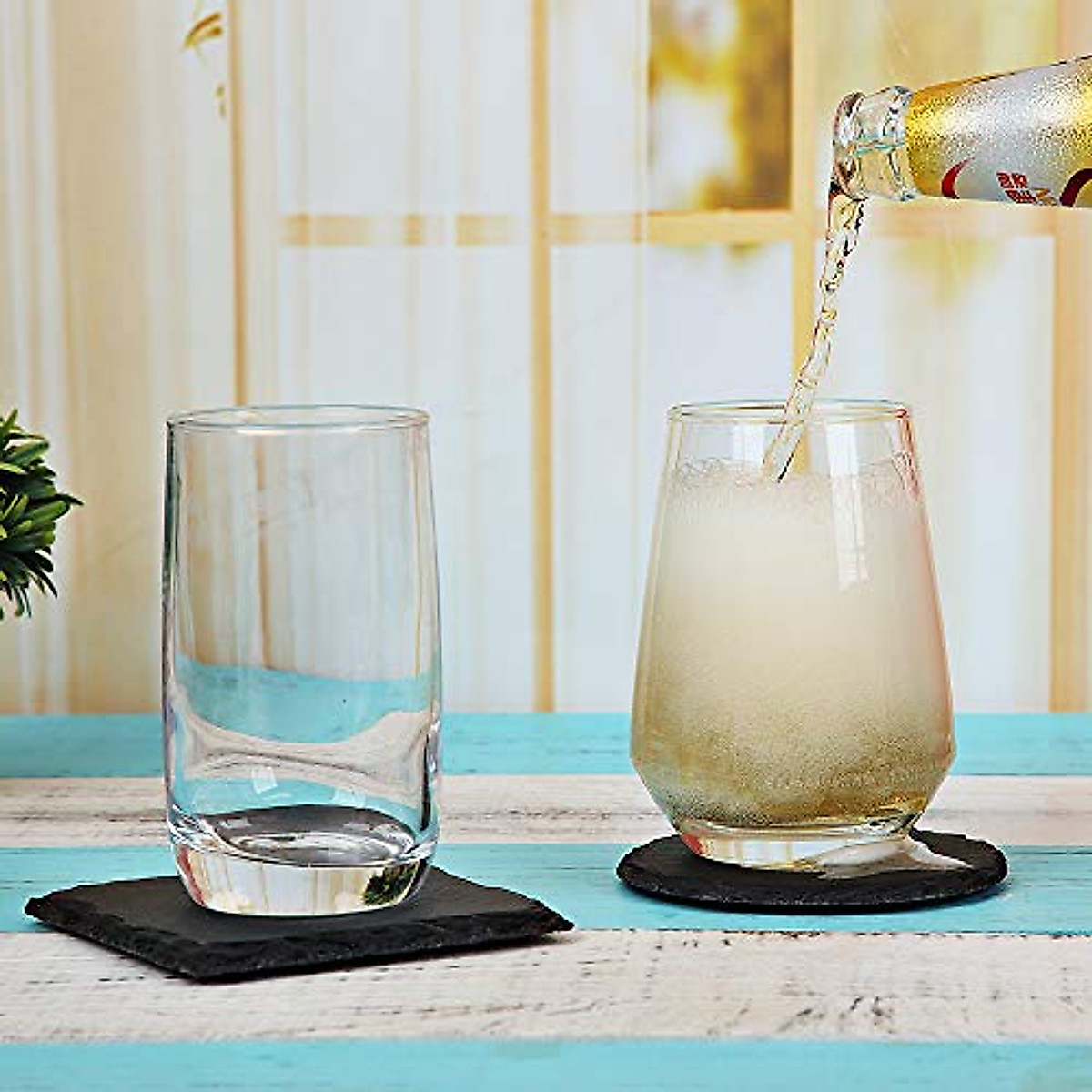 Slate Stone Drink Coasters - Set of 5 Square Black Natural Edge Stone Drink Coasters for Bar and Home- 4" x 4"